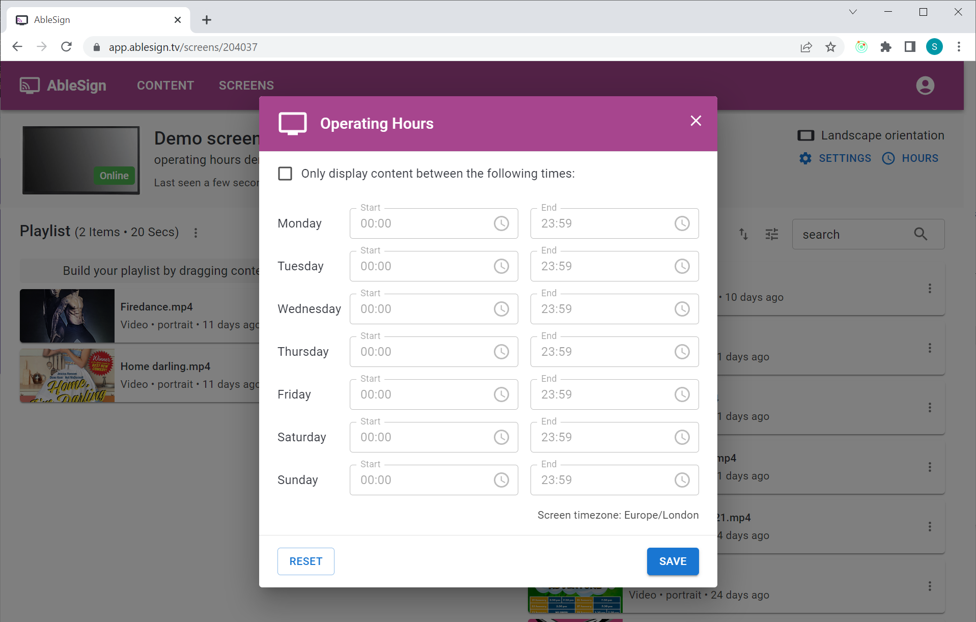 How to setup screen operating hours