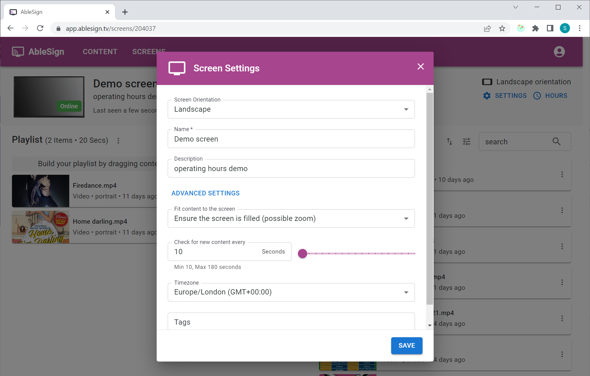 How to setup screen operating hours