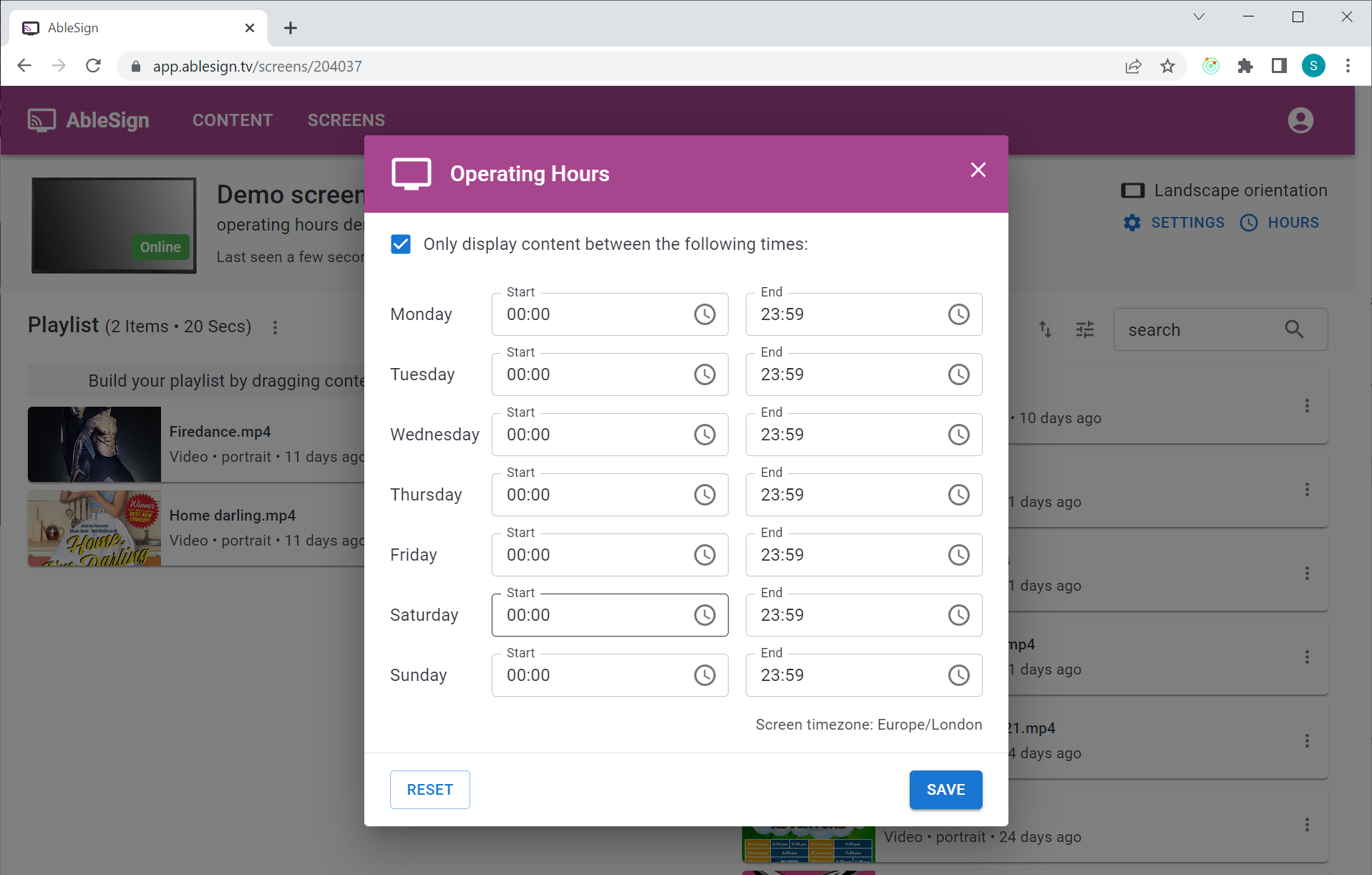 How to setup screen operating hours