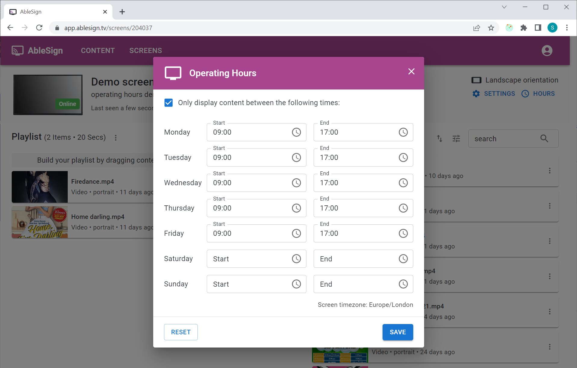 How to setup screen operating hours