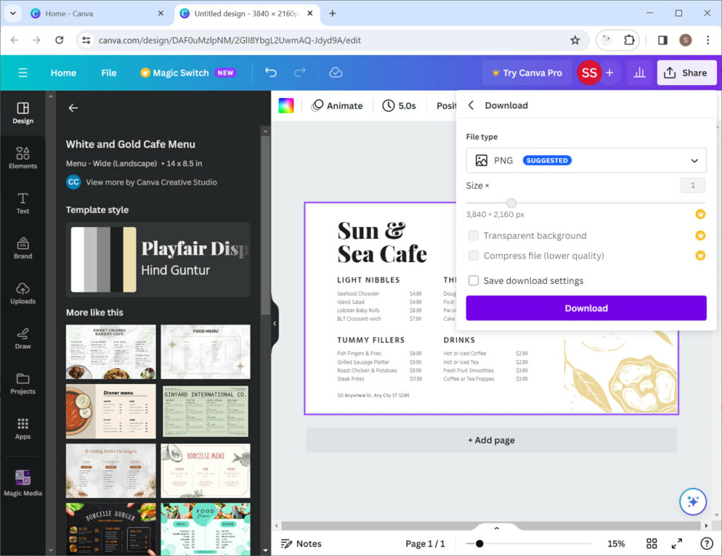 Create a digital menu board in Canva