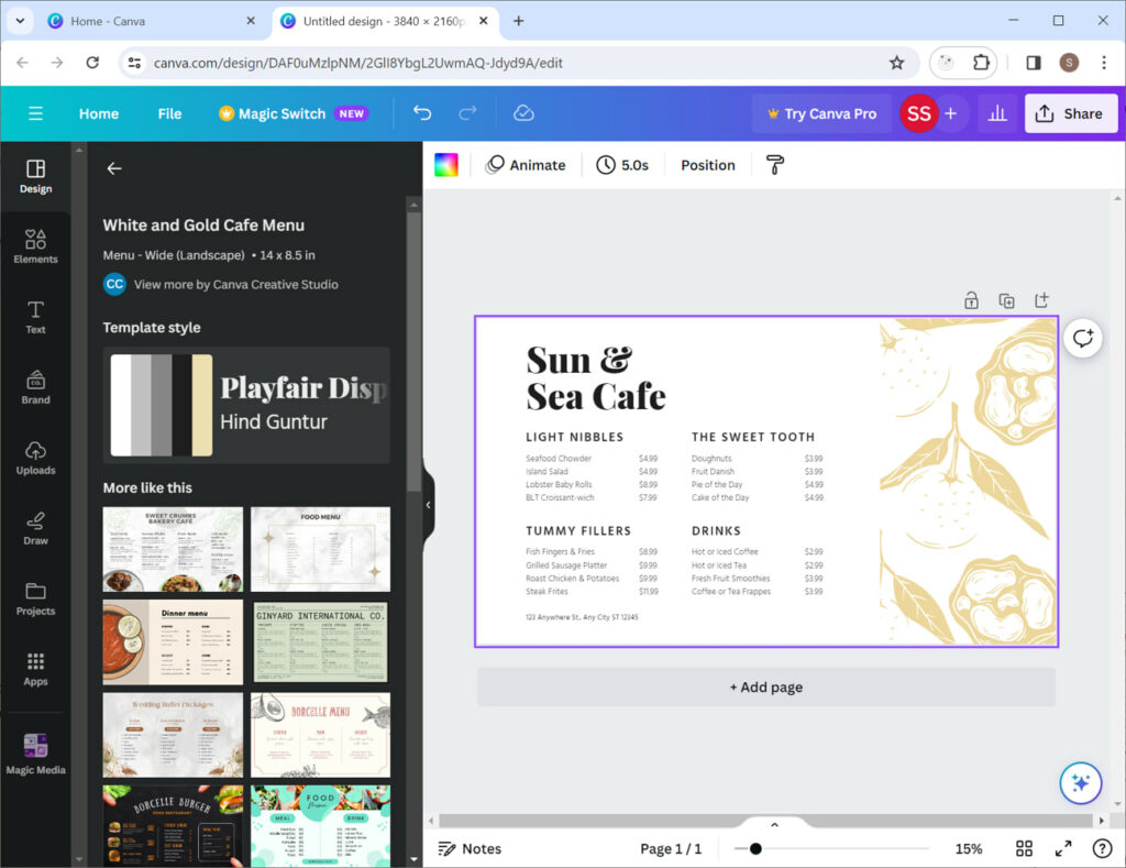 Create a digital menu board in Canva