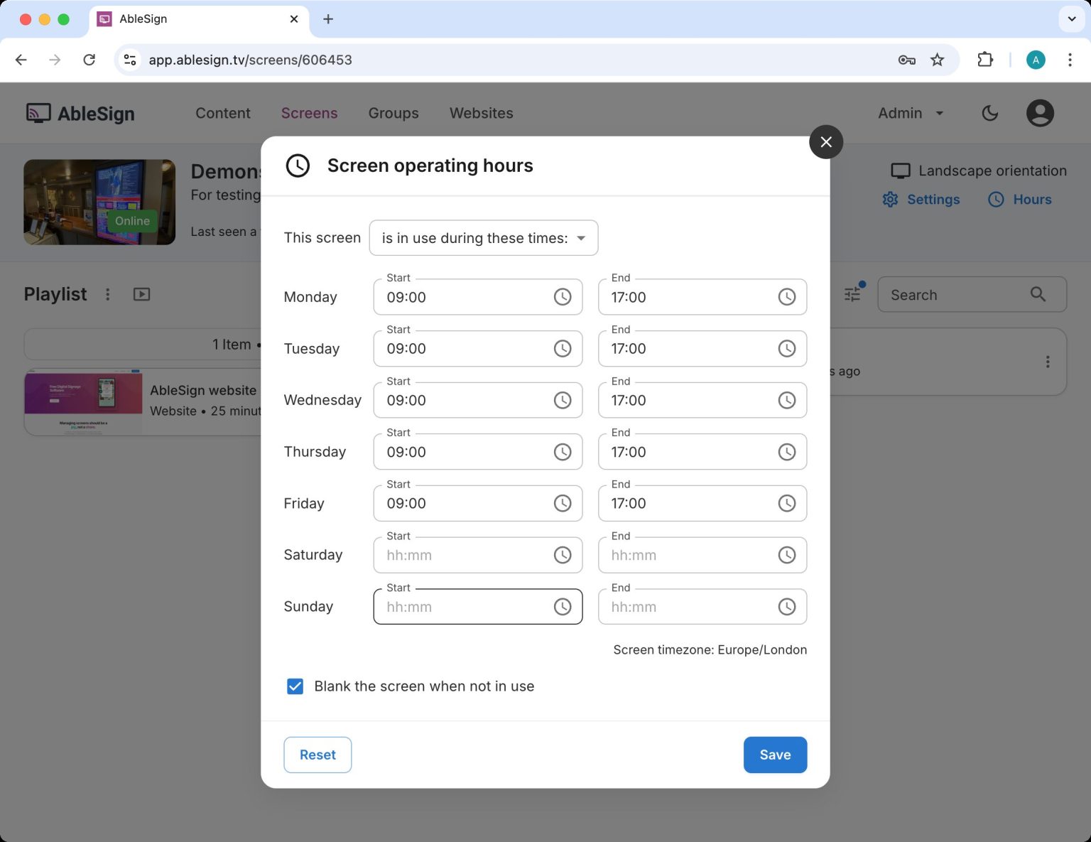 How to set screen operating hours